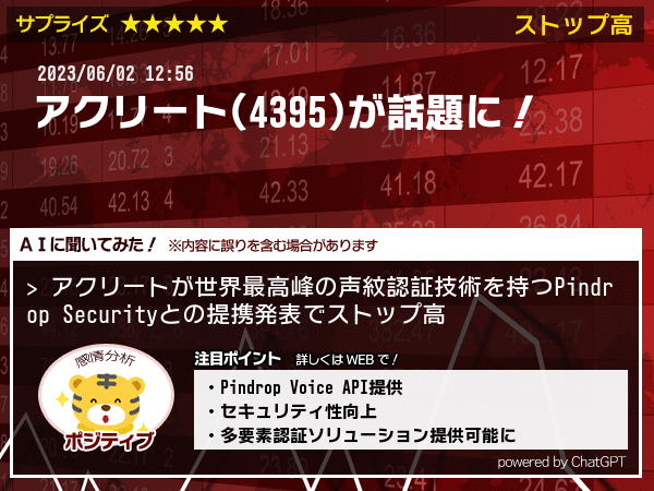 アクリートが世界最高峰の声紋認証技術を持つPindrop Securityとの提携発表でストップ高｜チャートなび
