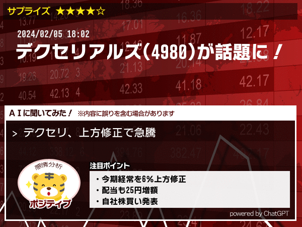 デクセリ、上方修正で急騰｜チャートなび