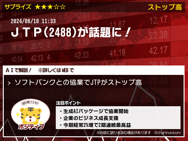 ソフトバンクとの協業でJTPがストップ高｜チャートなび