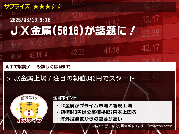 JX金属上場！注目の初値843円でスタート｜チャートなび
